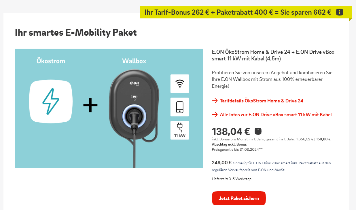 E.ON Ökostrom mit Wallbox sichern + 125€ Bonus bekommen