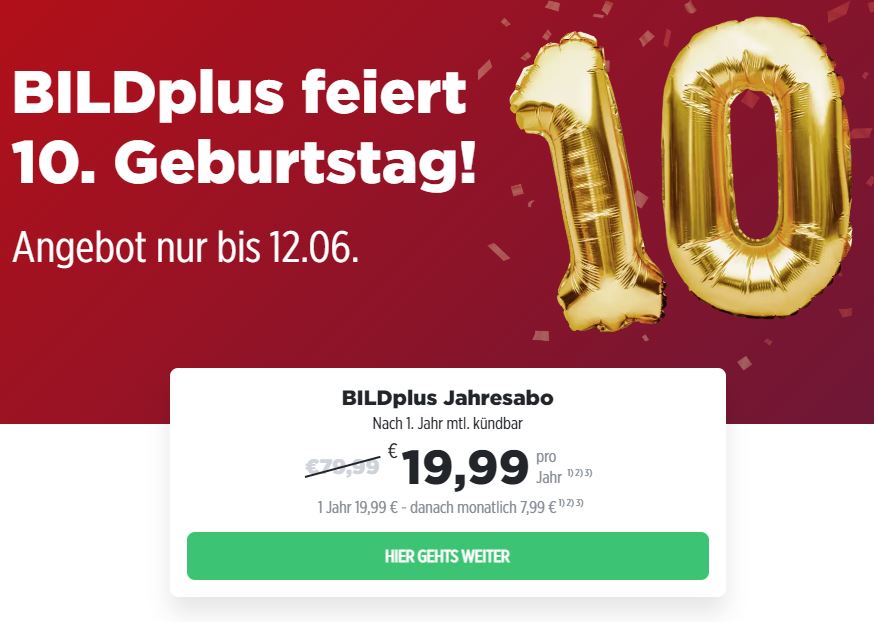 🗞 BILDplus Jahresabo für 19,99€ (statt 79,99€)