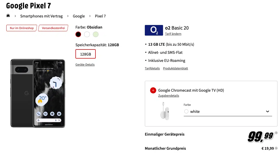 ️ Google Pixel 7 (128GB) + Chromecast mit Google TV für 99,99€ + 13GB ...