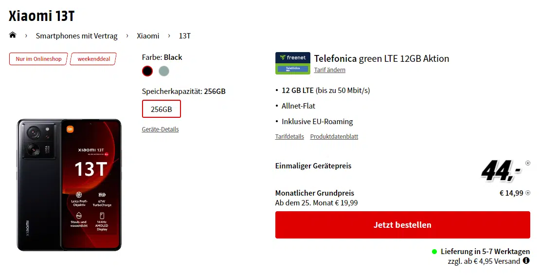🚀 Xiaomi 13T (256GB) für einmalig 44€ + 12GB LTE Allnet für 14,99 ...