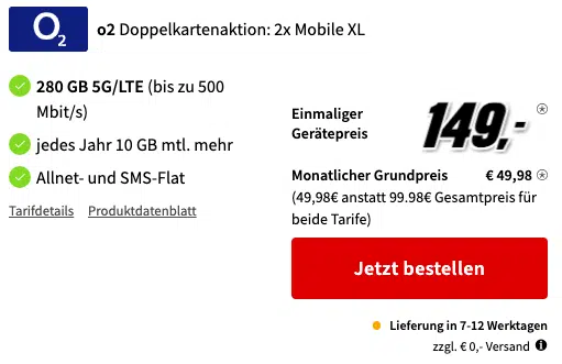 Apple iPhone 15 Pro (128GB) für 149€ + 2x 280GB 5G/LTE o2 Allnet Flat ...