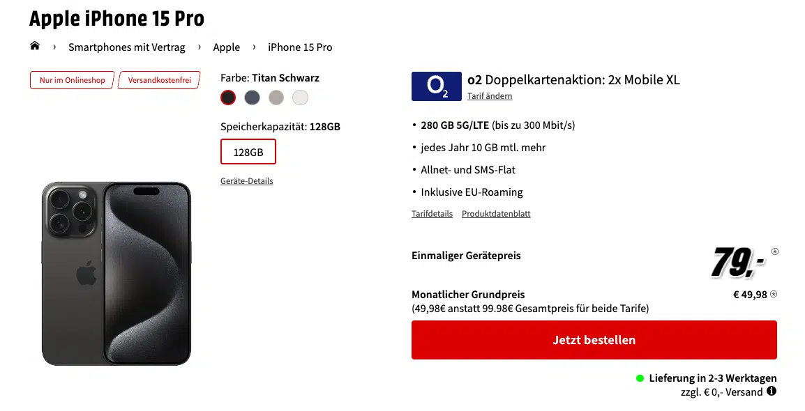 🤩 NOCH günstiger! 🚀 Apple iPhone 15 Pro (128GB) für 79€ + 2x 280GB 5G ...