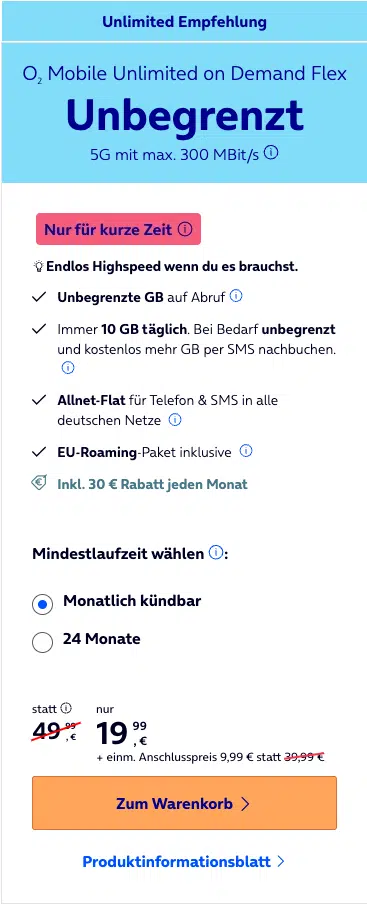 🤩 o2 Unlimited on Demand Flex für 19,99€/Monat - mtl. kündbare ...