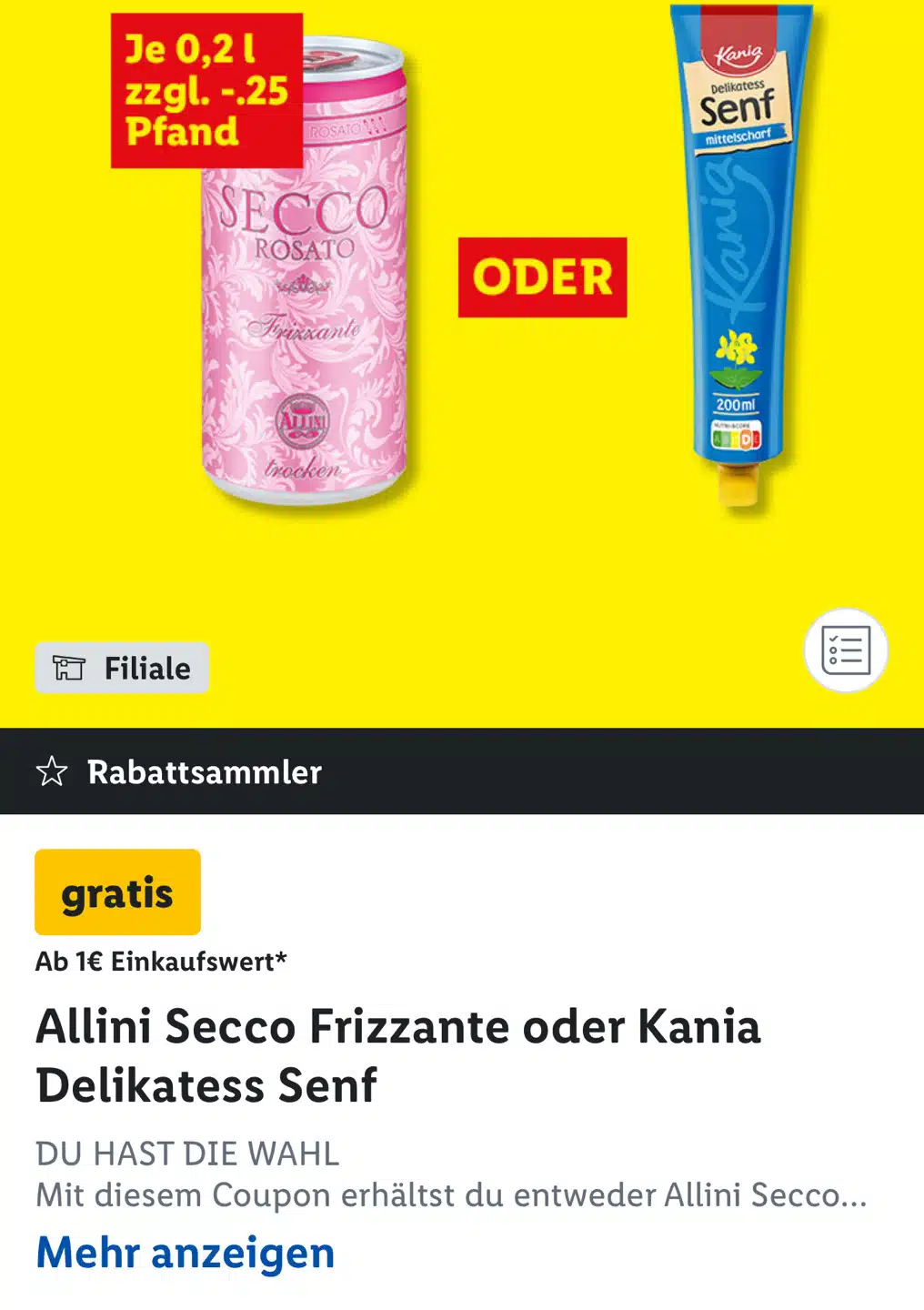 Allini Secco Frizzante oder Kania Delikatess Senf gratis in der Lidl App