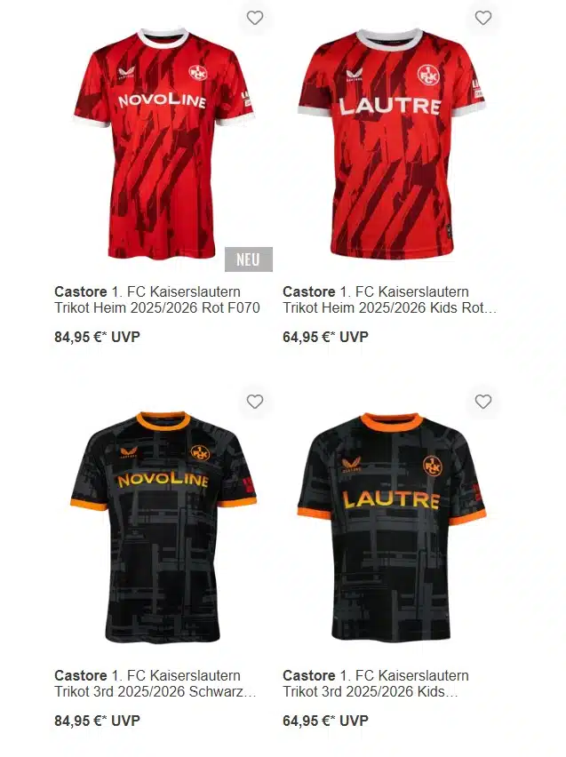 Castore 1. FC Kaiserslautern Heimtrikot (rot) /Ausweichtrikot (schwarz ...