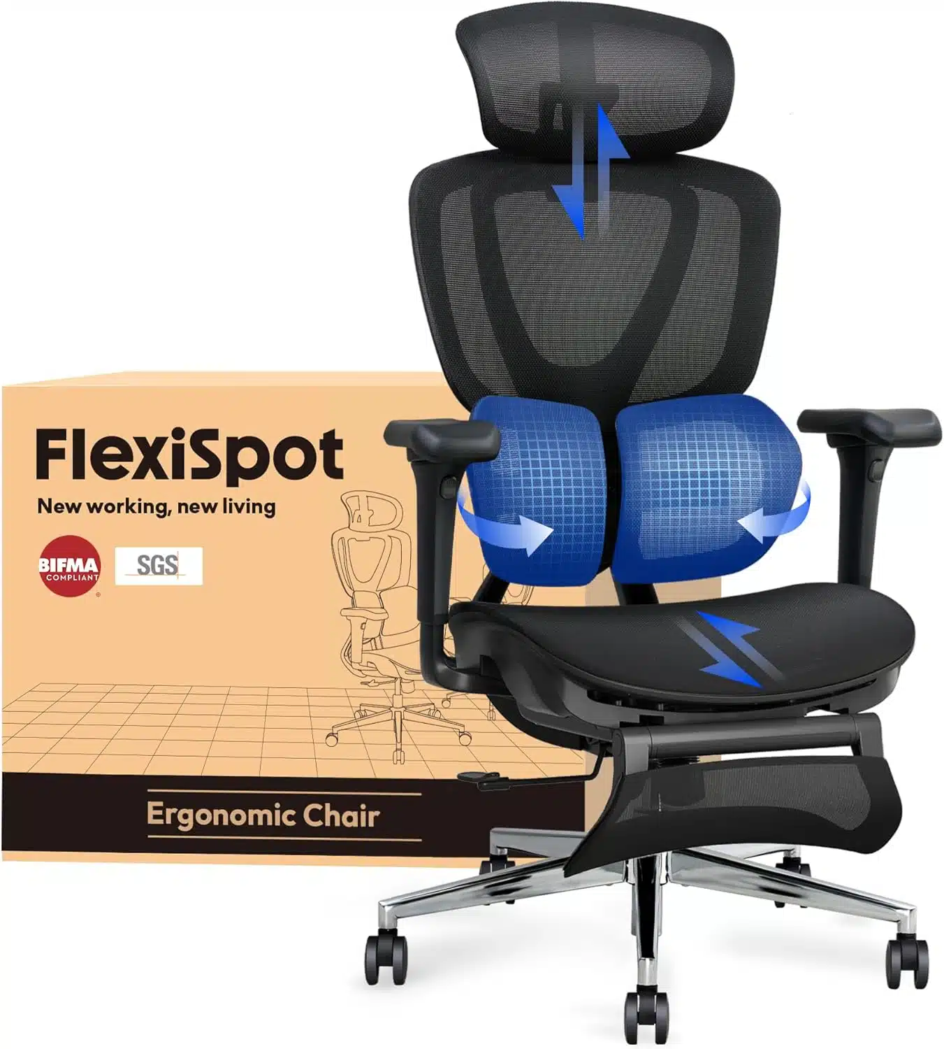 FLEXISPOT Sentinel Ergonomischer Bürostuhl mit Dual-Wing-Lendenstütze ...