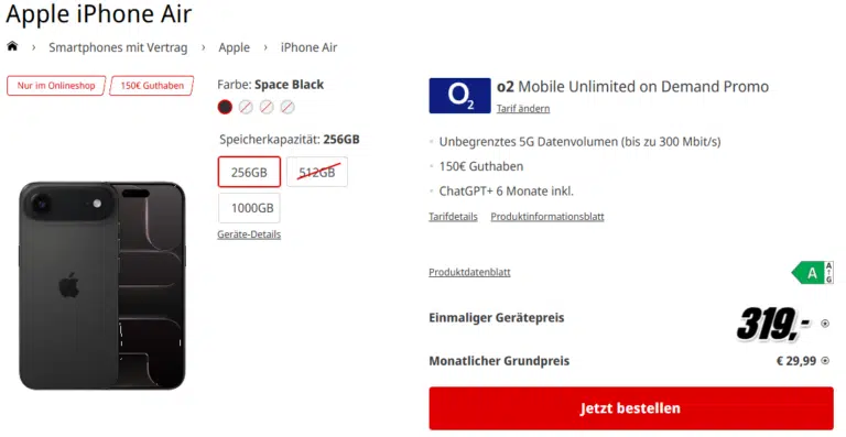 Eff. GRATIS + 150€ Ersparnis: Apple iPhone Air (256GB) für 319 ...