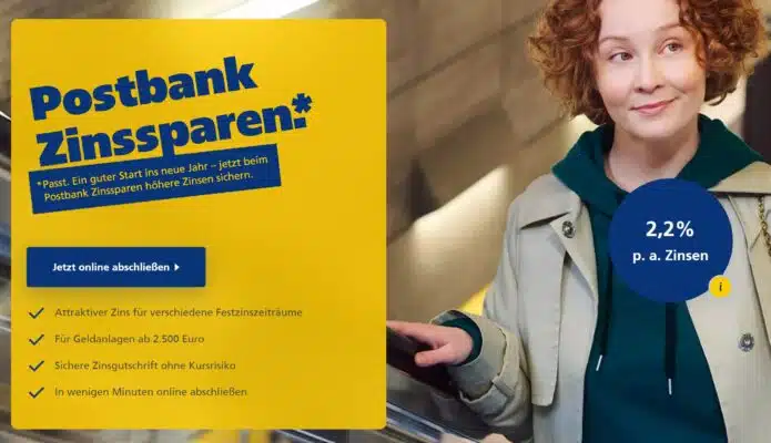 Postbank Zinssparen: 2,2% Zinsen für 12 Monate (Festzins)