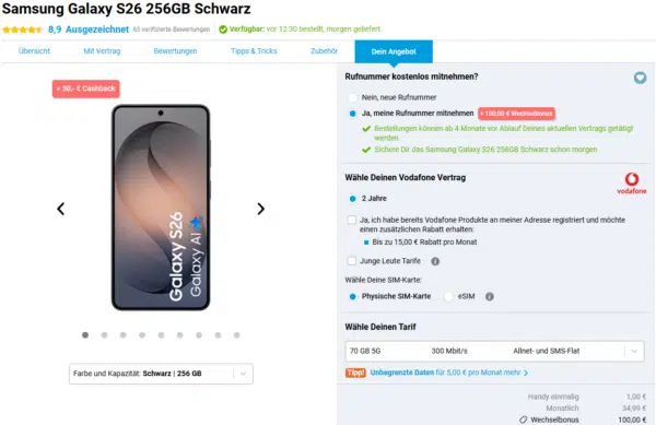 Mit Gigakombi eff. GRATIS 🤩 Samsung Galaxy S26 (256GB) für 1€ + 70GB 5G ...